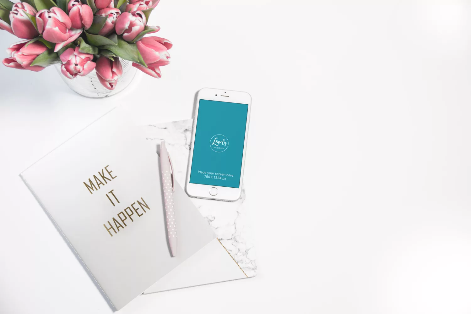 White iPhone and Pink Tulips | The Free Mockup