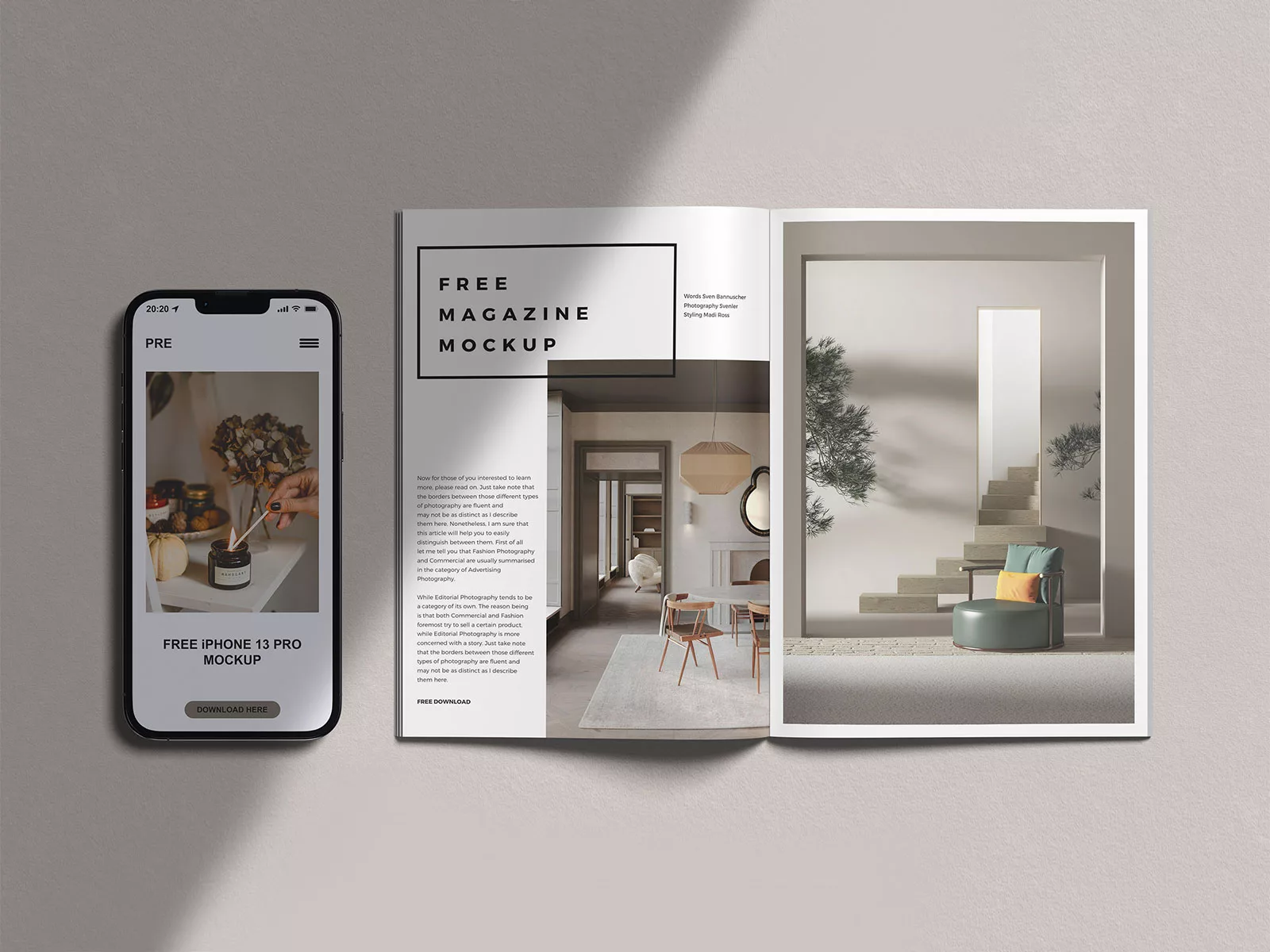 A4 Magazine and iPhone 13 Pro Max Mockup PSD | The Free Mockup