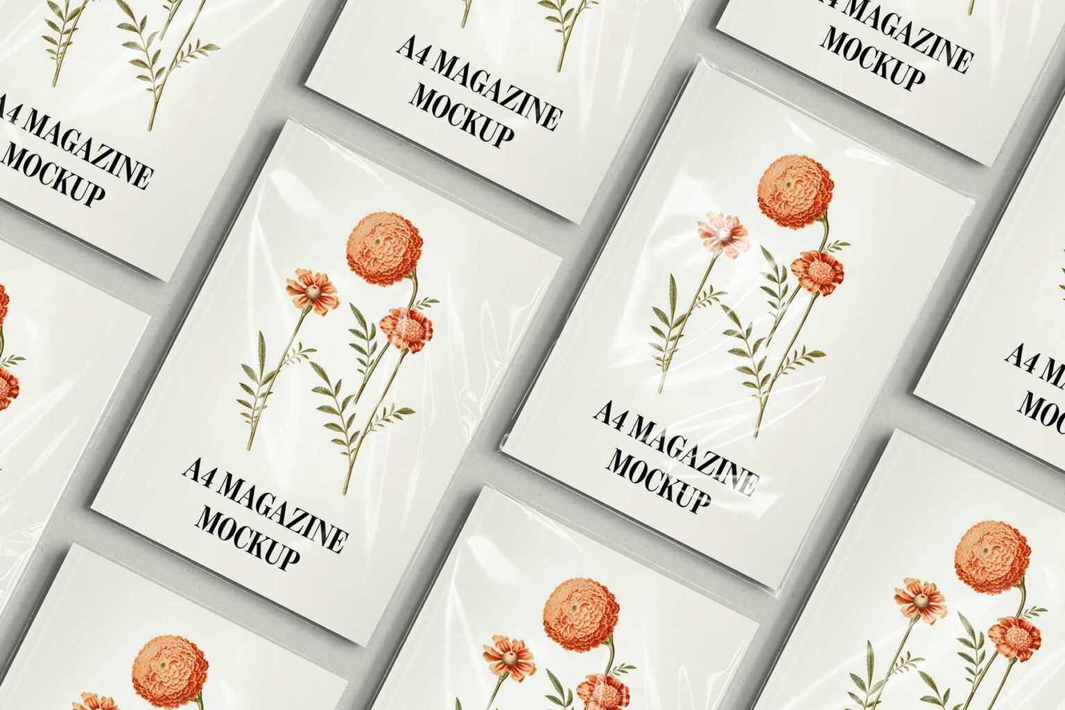 Plastic Sleeve A4 Magazines Mockup | Free Mockup
