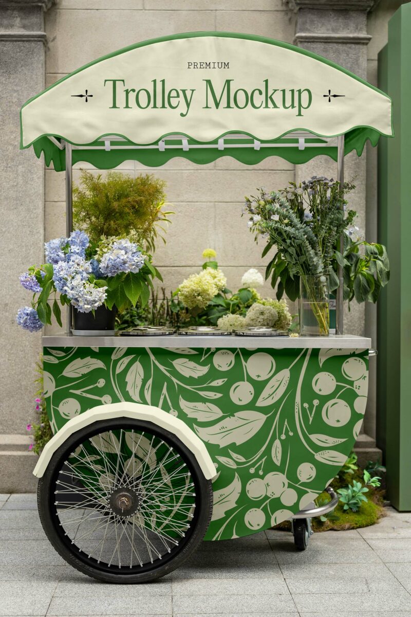 Free Flower Cart Mockup – Mobile Floral Trolley PSD